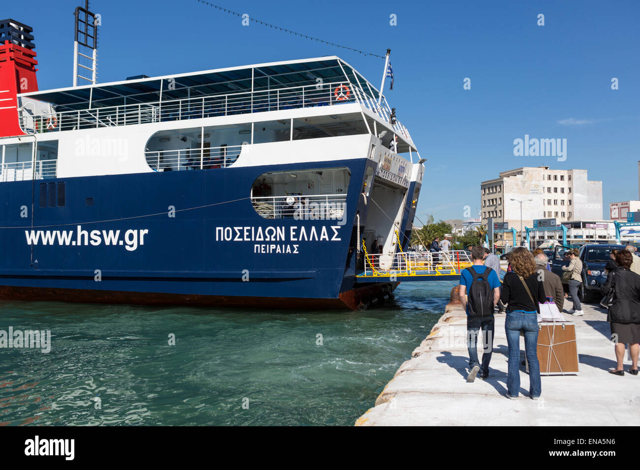 The Ro/Ro ferry Posidon Hellas (IMO 8966963) from Hellenic Seaways docks at a quay at Piraeus ...