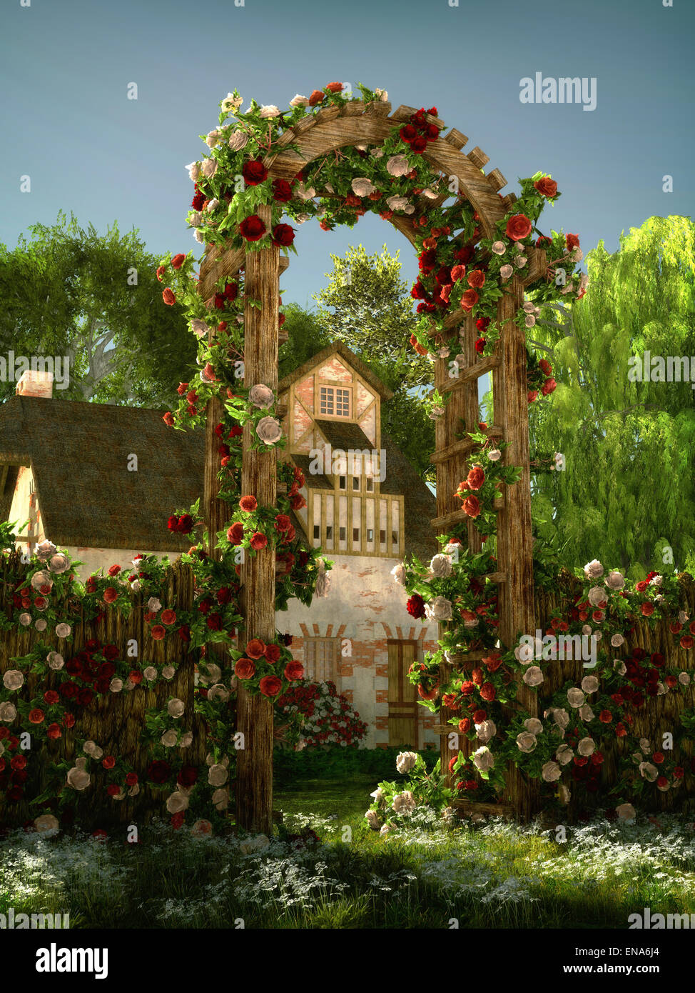3D computer graphics of an arch of red and white roses Stock Photo - Alamy