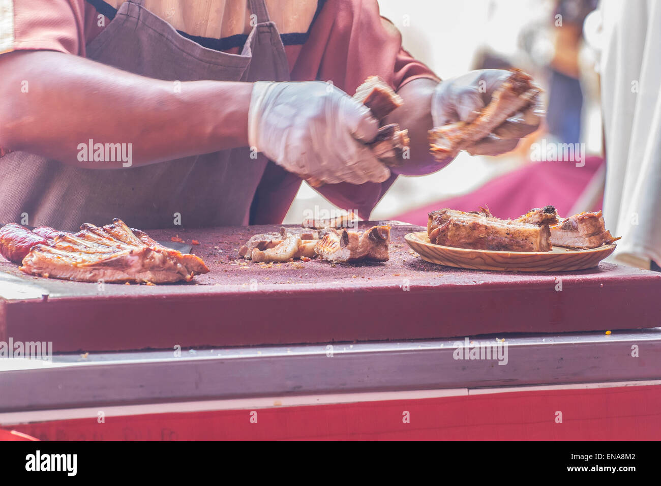 medieval cook, barbecue with sausages and pork sausages Stock Photo - Alamy