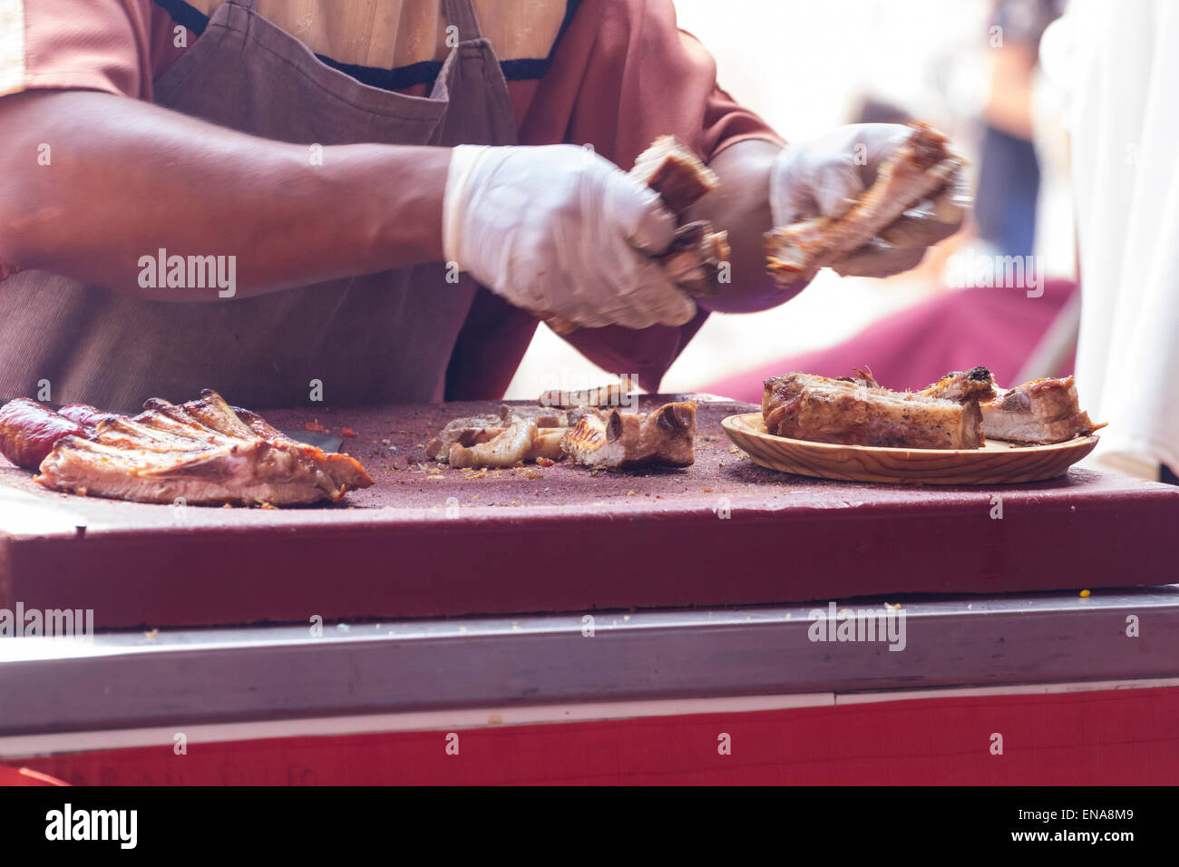 medieval cook, barbecue with sausages and pork sausages Stock Photo - Alamy