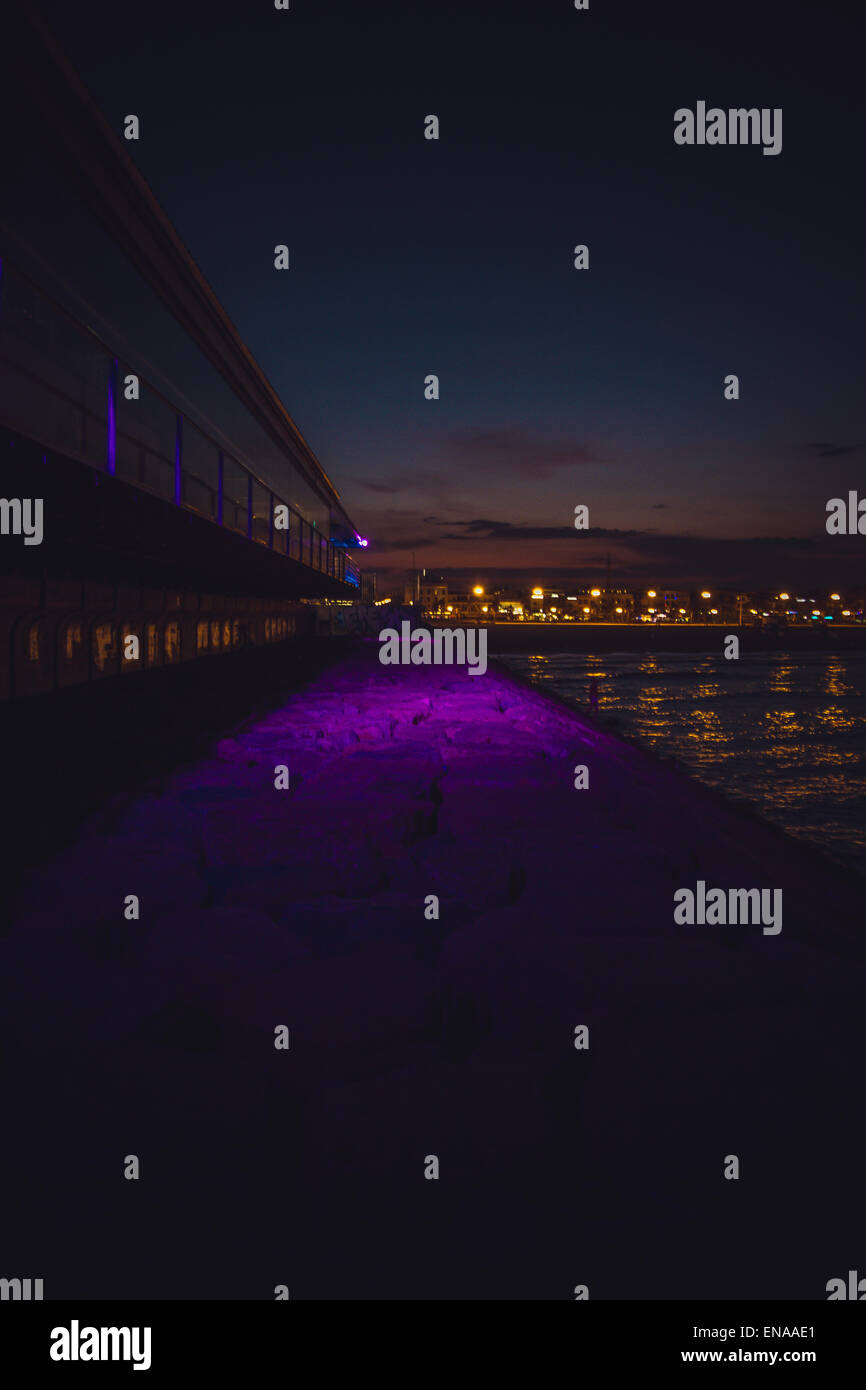 valencia beach at night, seen from the harbor, Spain Stock Photo - Alamy