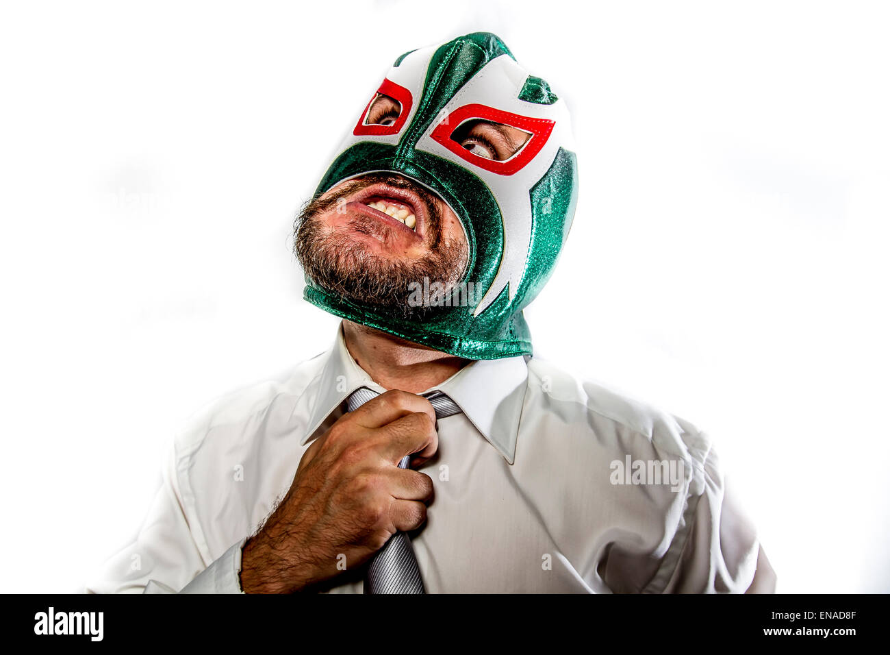 stress, aggressive businessman with Mexican warrior mask Stock Photo ...