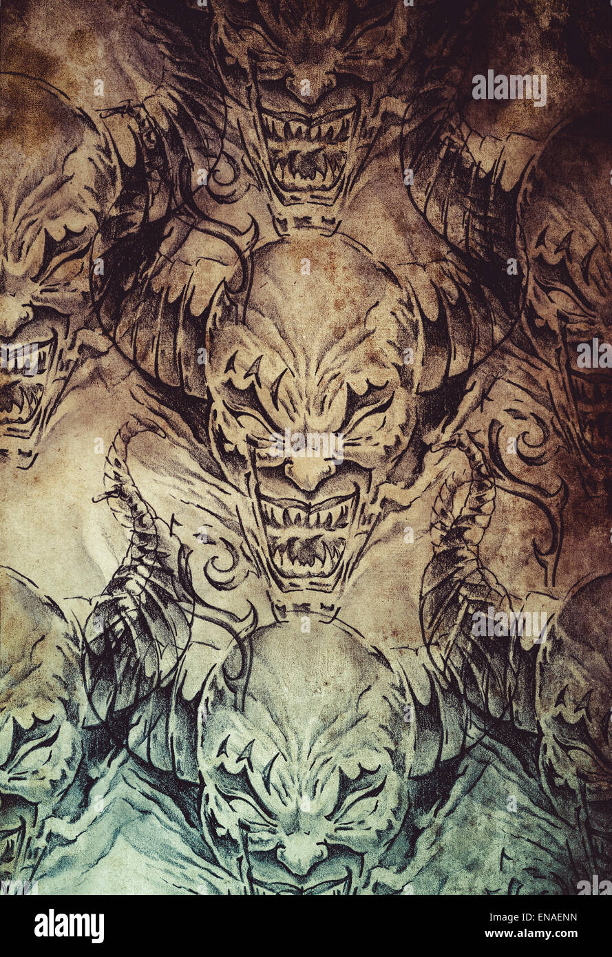 Tattoo pattern with evil designs over antique paper Stock Photo - Alamy