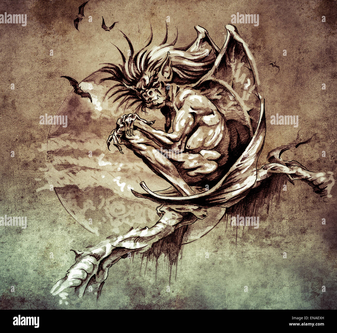 Sketch of tattoo art, gargoyle monster sitting in a tree on vintage ...