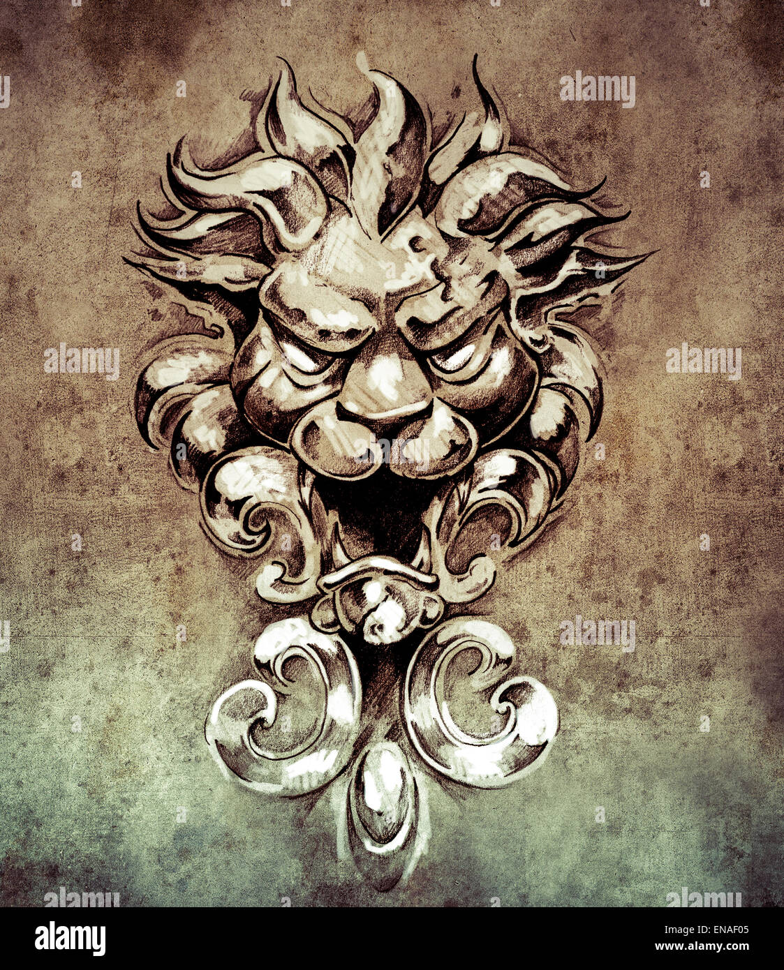 Sketch of tattoo art, gargoyle lion illustration on vintage paper ...
