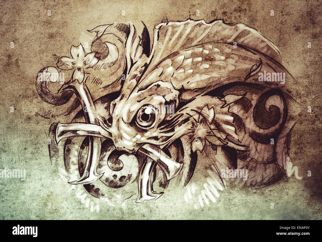 Tattoo art, sketch of a fish, pisces japanese style Stock Photo - Alamy