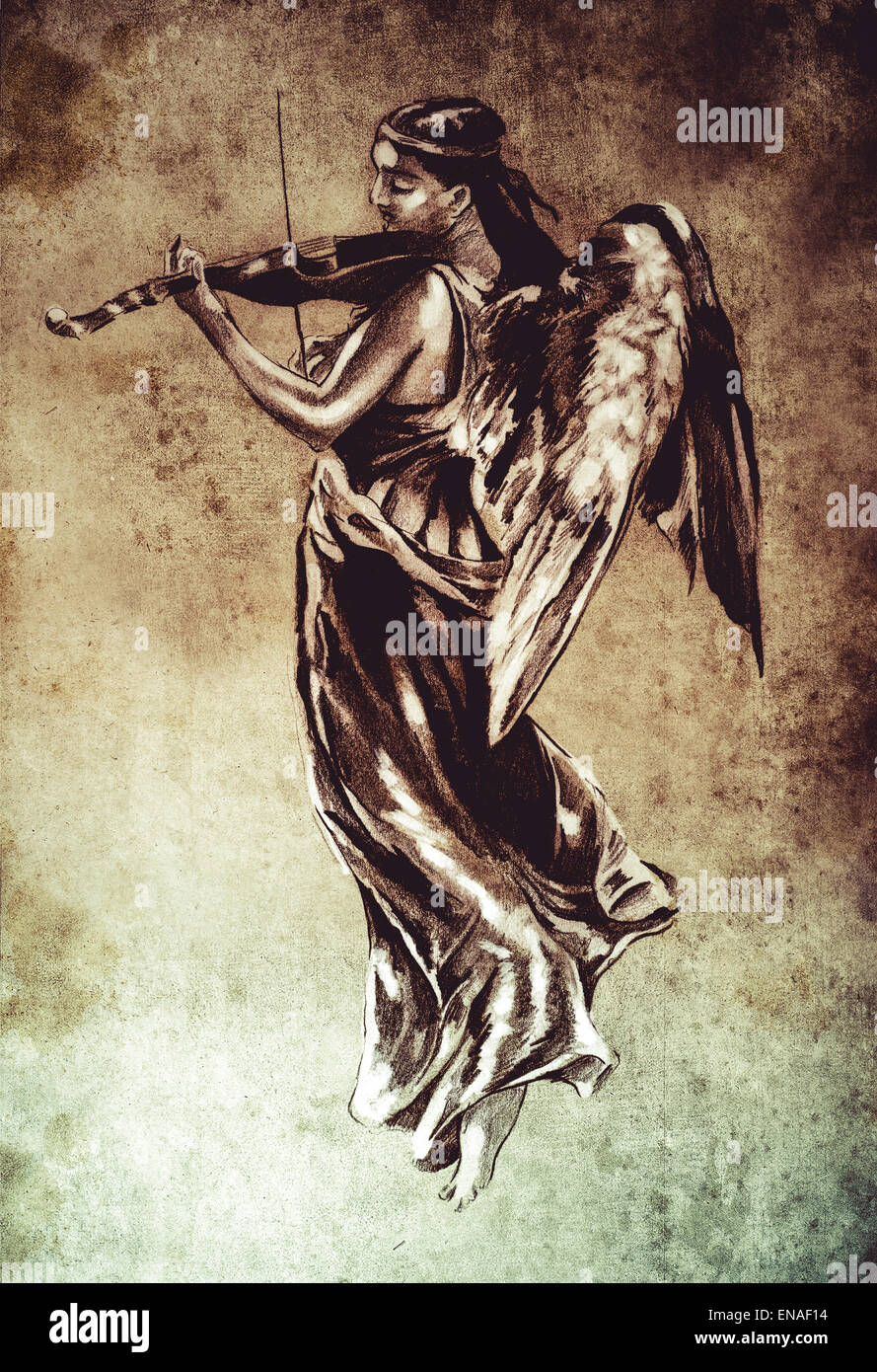 Sketch of tattoo art, music angel with violin Stock Photo - Alamy