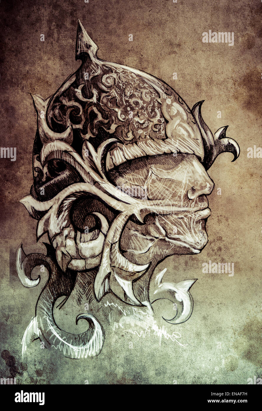 Sketch of tattoo art, warrior, hand made Stock Photo - Alamy