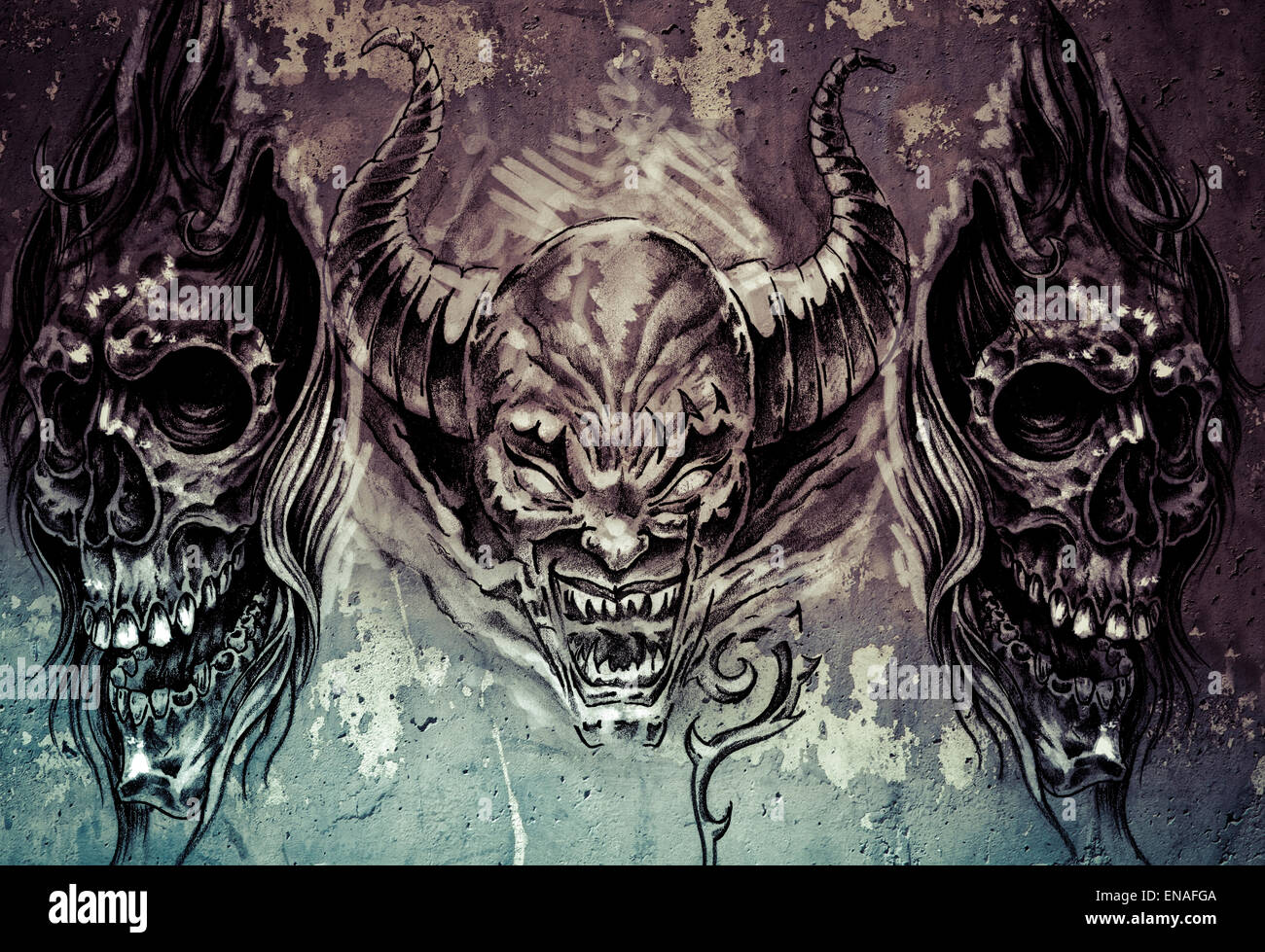 Tattoo art, 3 demons over grey background, Sketch Stock Photo - Alamy