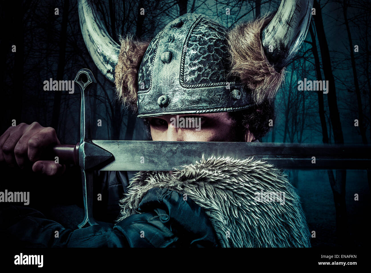 Defense, Viking warrior, male dressed in Barbarian style with sword ...