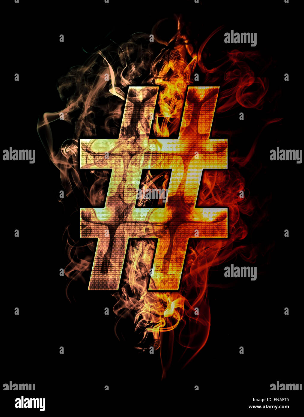 hashtag, illustration of number with chrome effects and red fire on ...