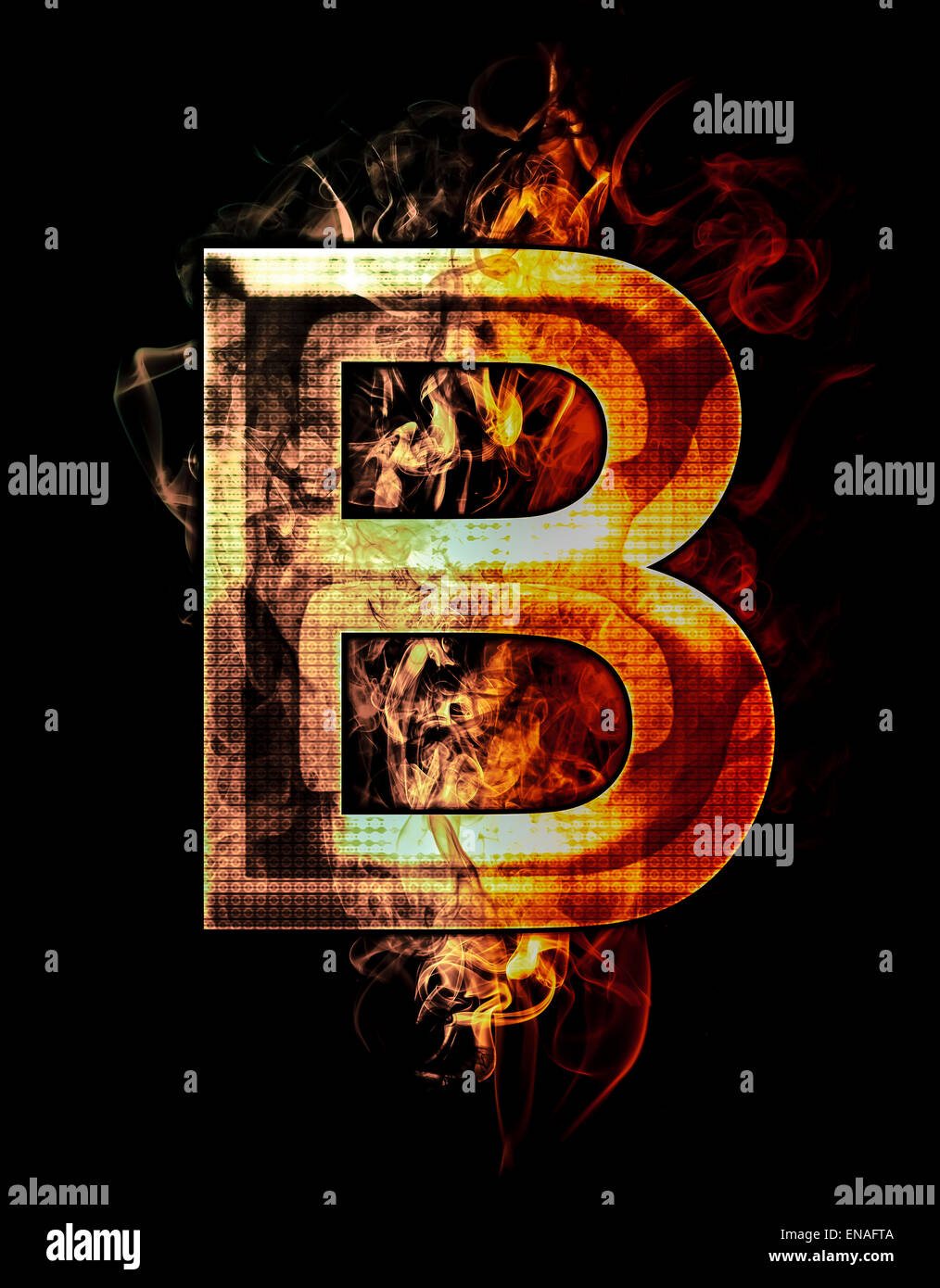 b, illustration of letter with chrome effects and red fire on black ...