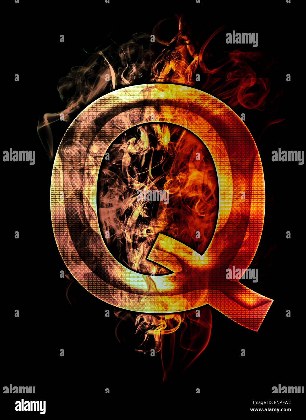 q, illustration of letter with chrome effects and red fire on black ...
