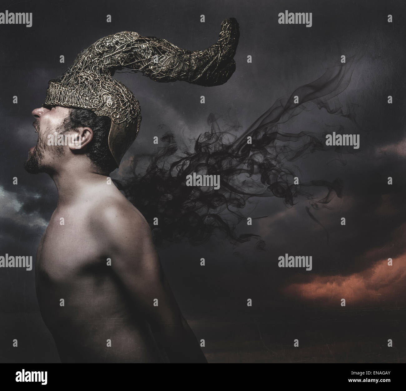 scared, man with golden helmet horns concept nightmares Stock Photo - Alamy