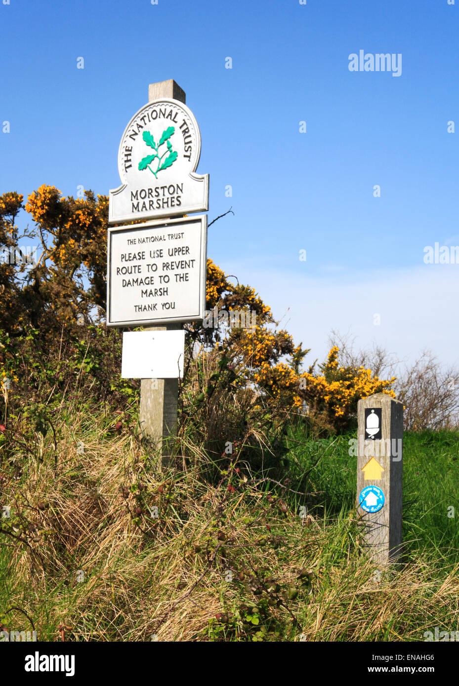 A view of signs on the Norfolk Coast Path at Morston, Norfolk, England ...