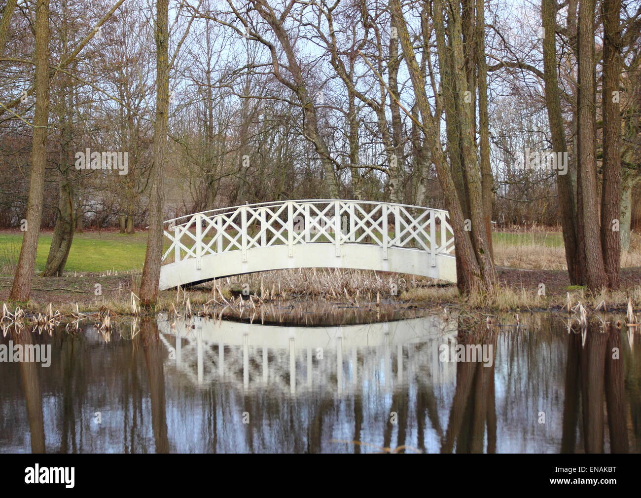 White bridge at small pond in park Stock Photo - Alamy