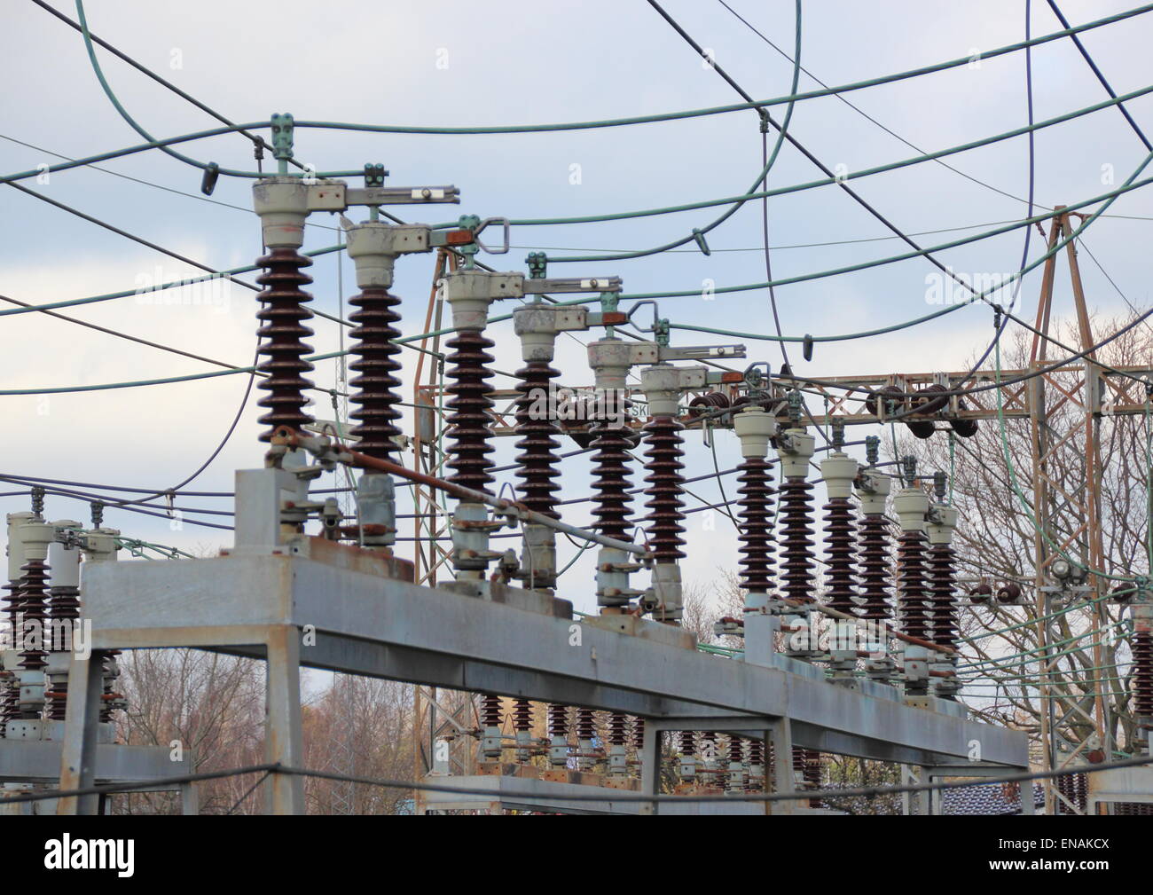 Industry power-plant with high voltage power-line Stock Photo - Alamy