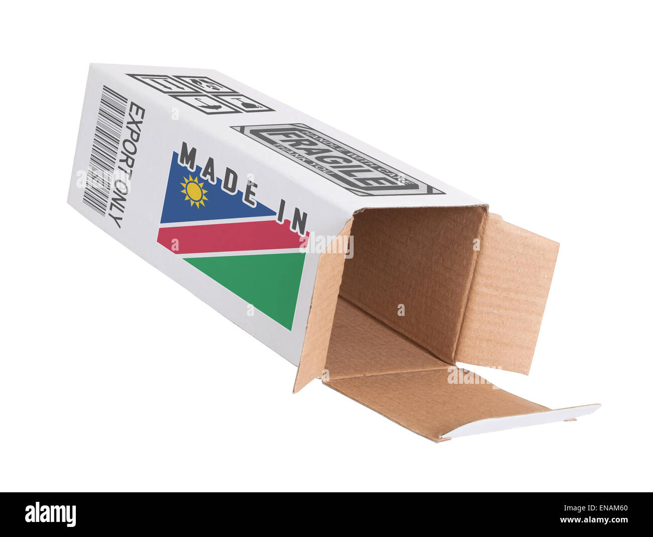 Concept of export, opened paper box - Product of Namibia Stock Photo ...
