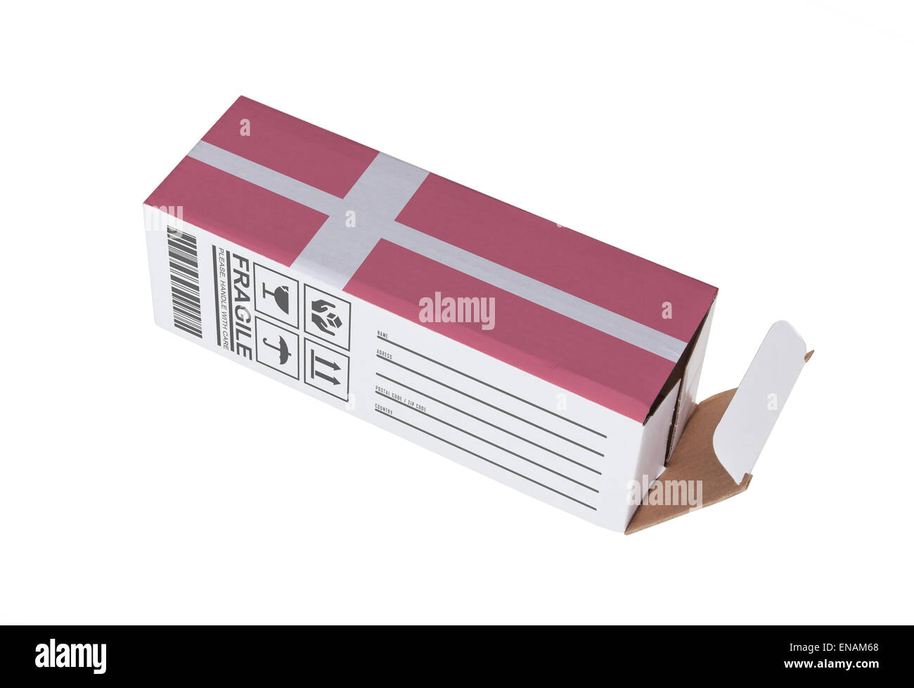 Concept of export, opened paper box - Product of Denmark Stock Photo ...