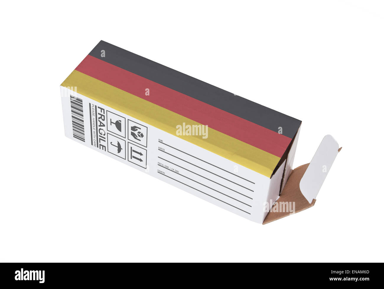 Concept of export, opened paper box - Product of Germany Stock Photo ...