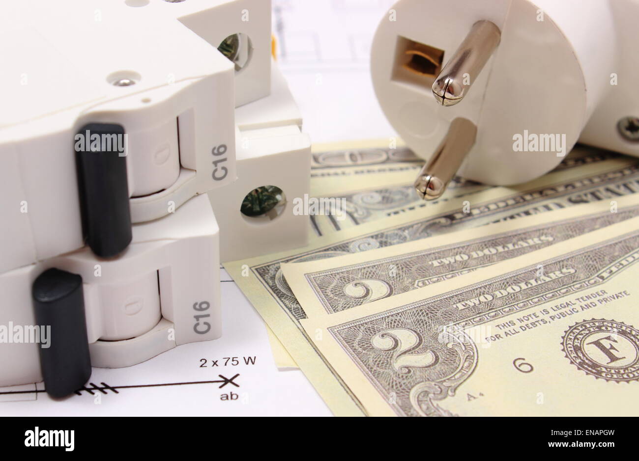 Electric fuse and plug with money on electrical construction drawing of ...