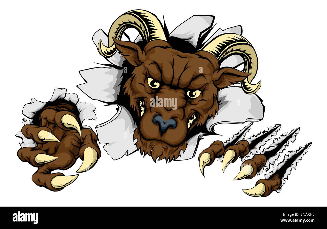 A mean looking ram mascot character breaking out through a wall Stock ...