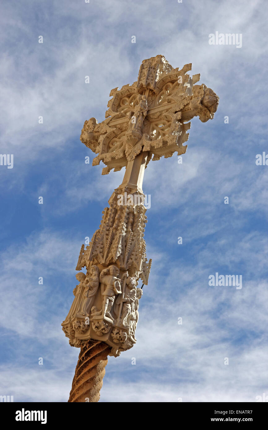 Carved stone cross outside Cathedral, Montblanc, Catalonia, Spain Stock ...