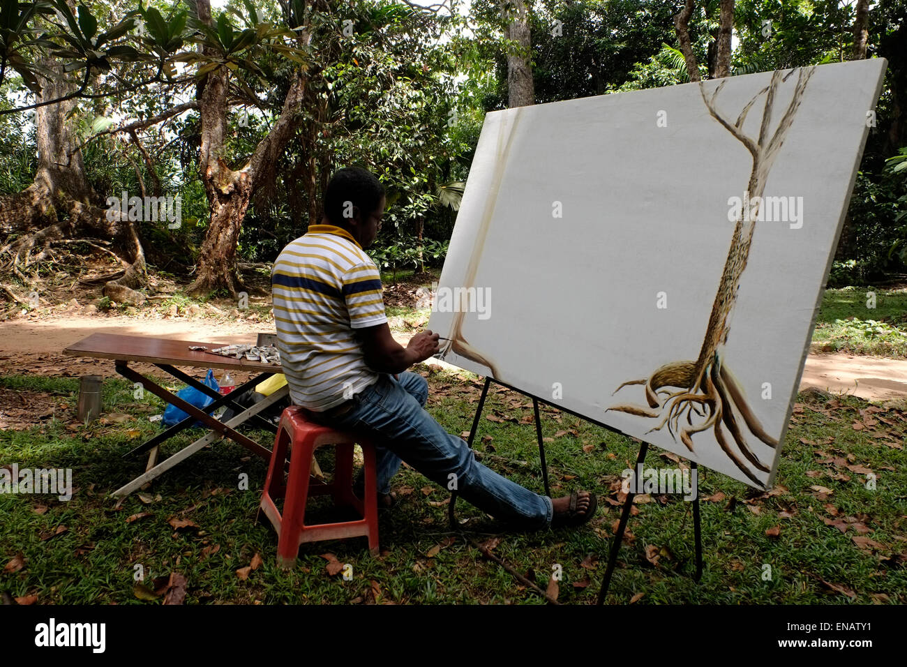 A local man painting at the Morne Seychellois National Park in Mahe ...