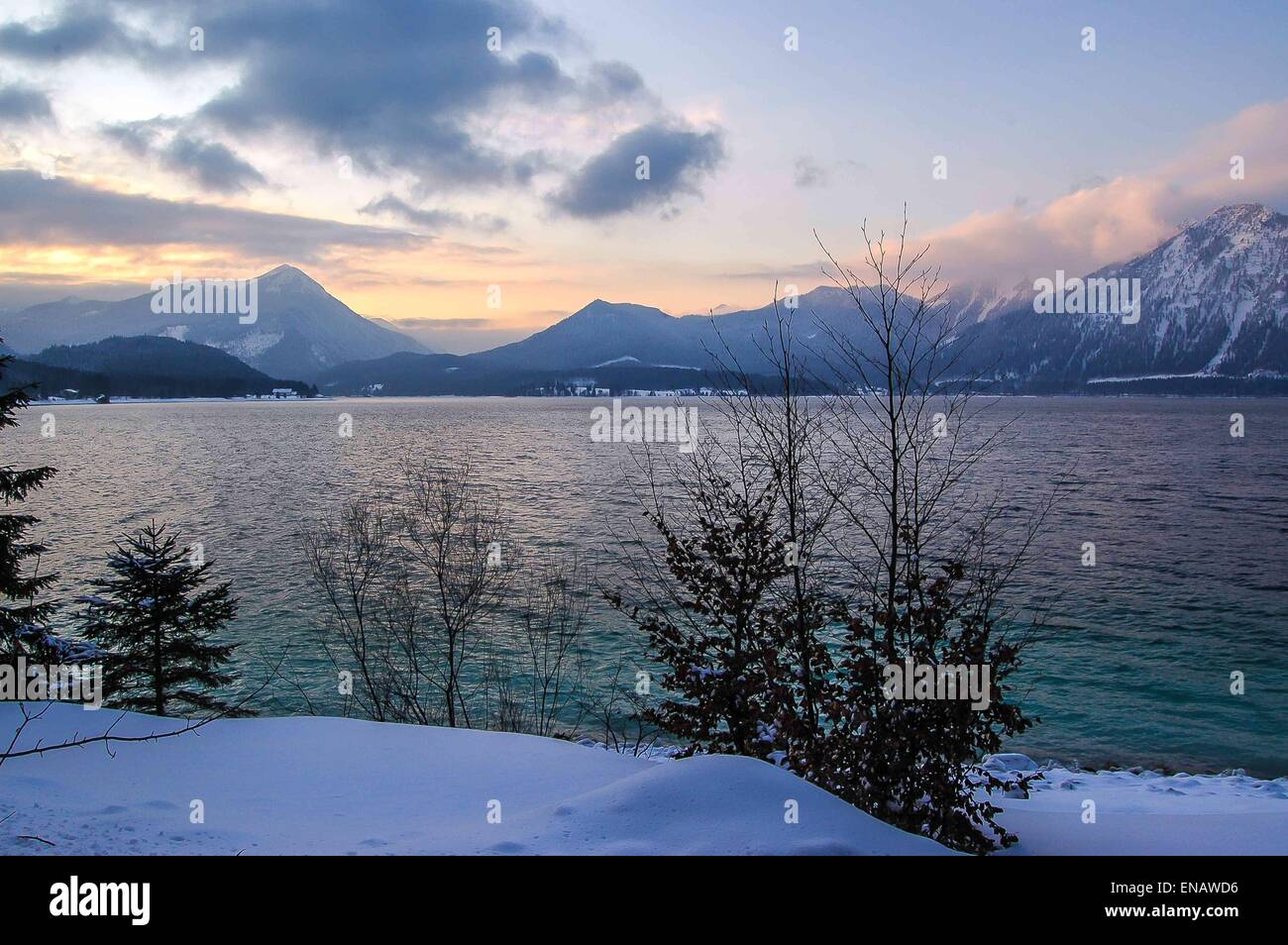 Beautiful sunset at Lake Walchensee in winter Stock Photo - Alamy