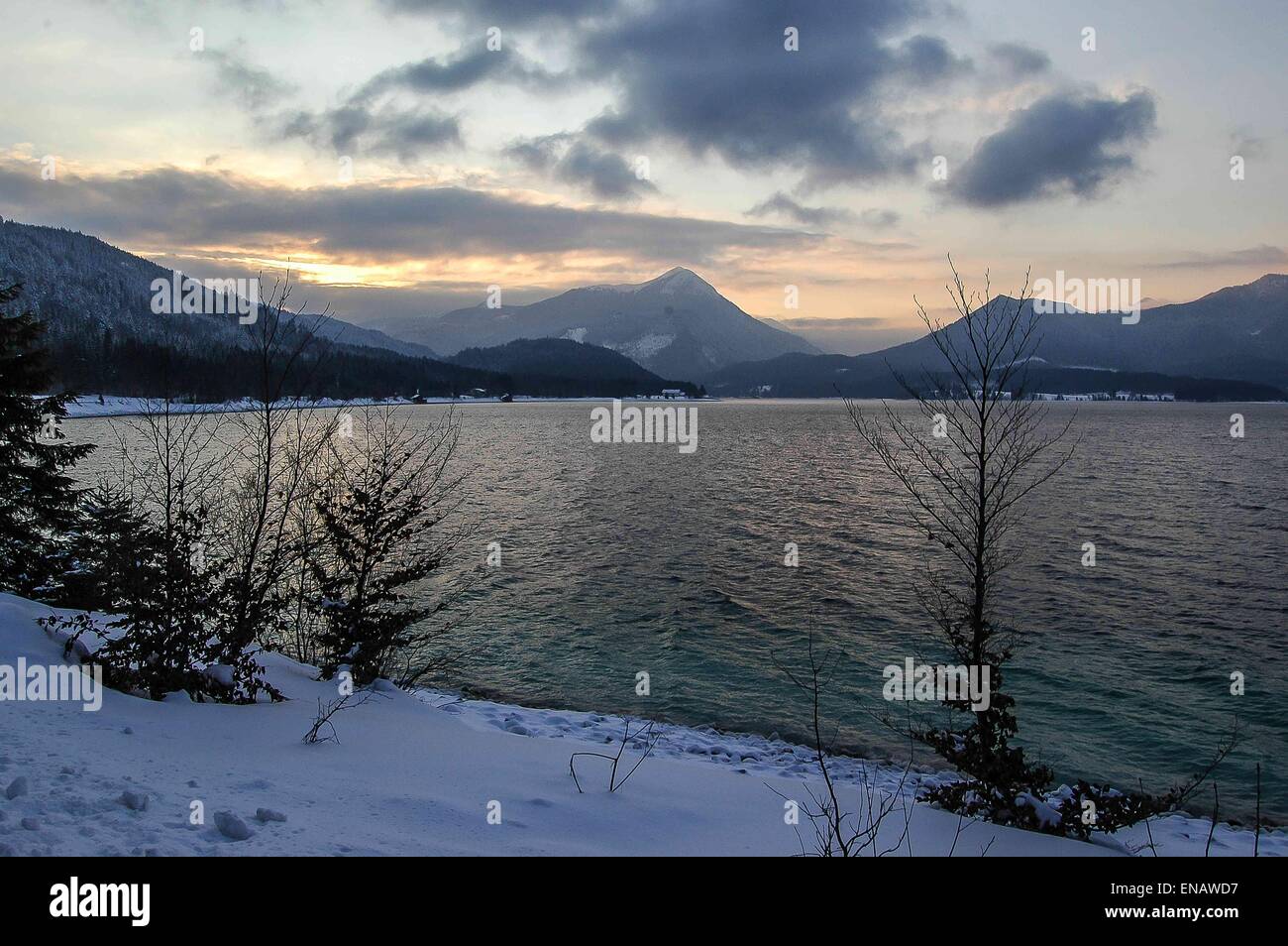 Beautiful sunset at Lake Walchensee in winter Stock Photo - Alamy