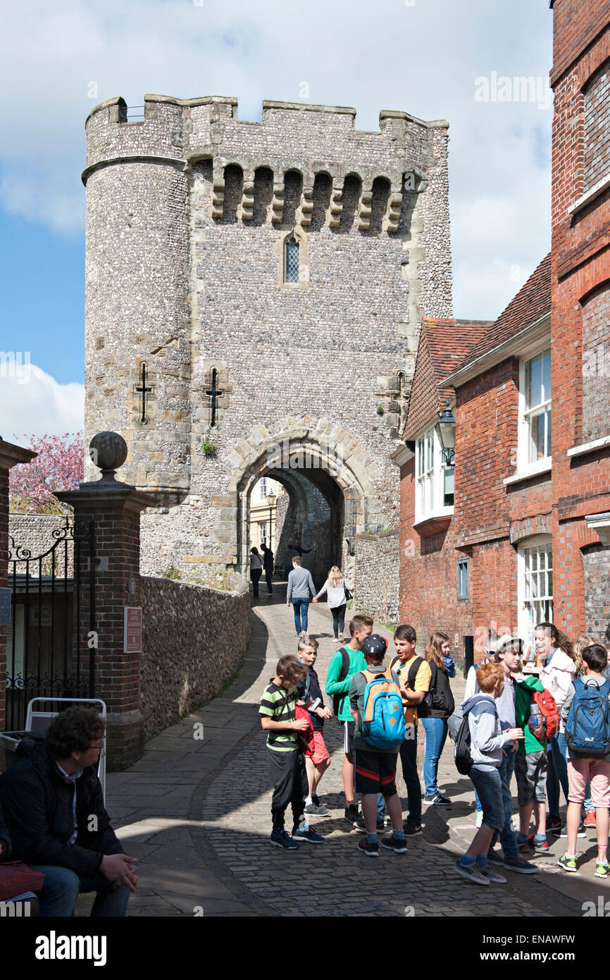 Young people gather at the Barbican Gateway at Lewes Castle, Sussex, UK ...