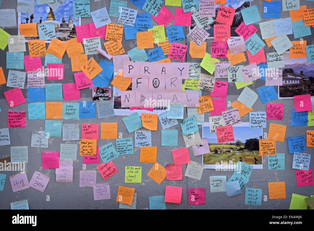 Post it notes of prayer on a wall on 37th Road in a Nepalese ...