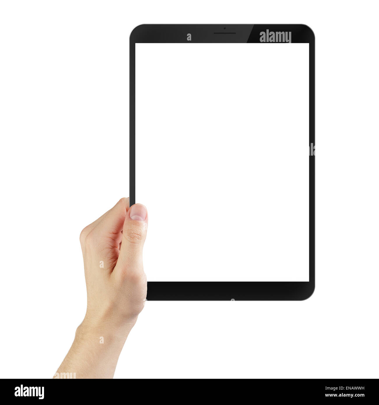 adult man hand holding generic tablet pc with white screen, isolated ...