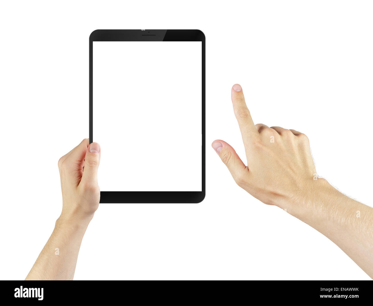 adult man hands using tablet pc with white screen, isolated Stock Photo ...