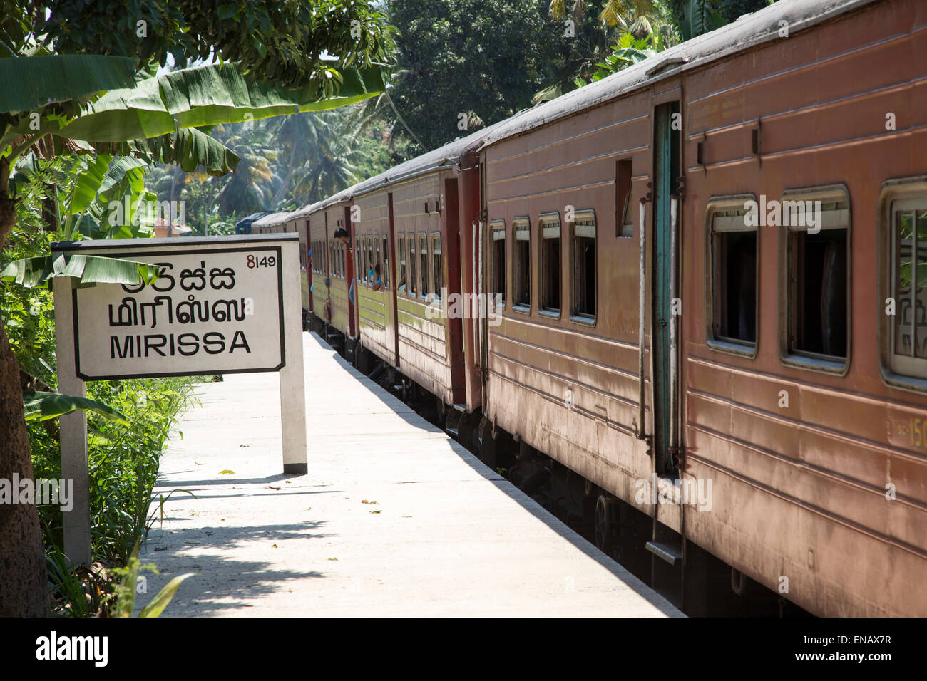Train at station platform, Mirissa, Matara District, Southern Province ...