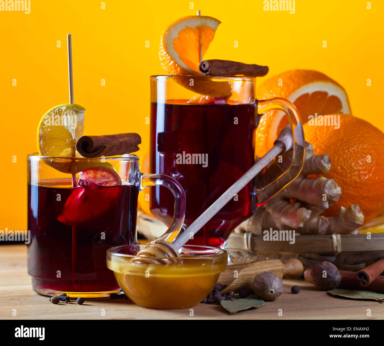 The mulled wine with spices and fruits Stock Photo - Alamy