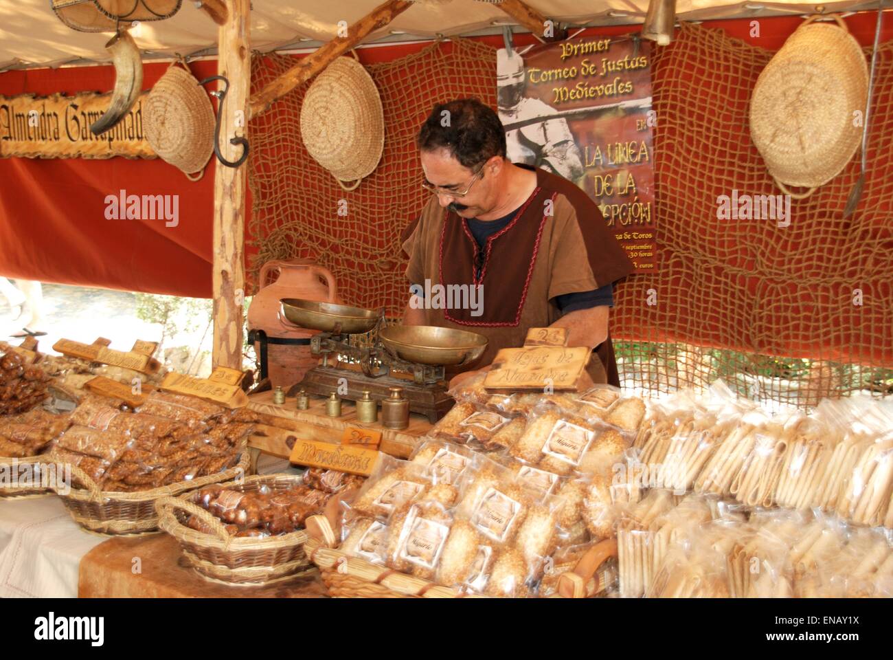 Bread and snack stall at the Medieval market, Barbate, Cadiz Province ...