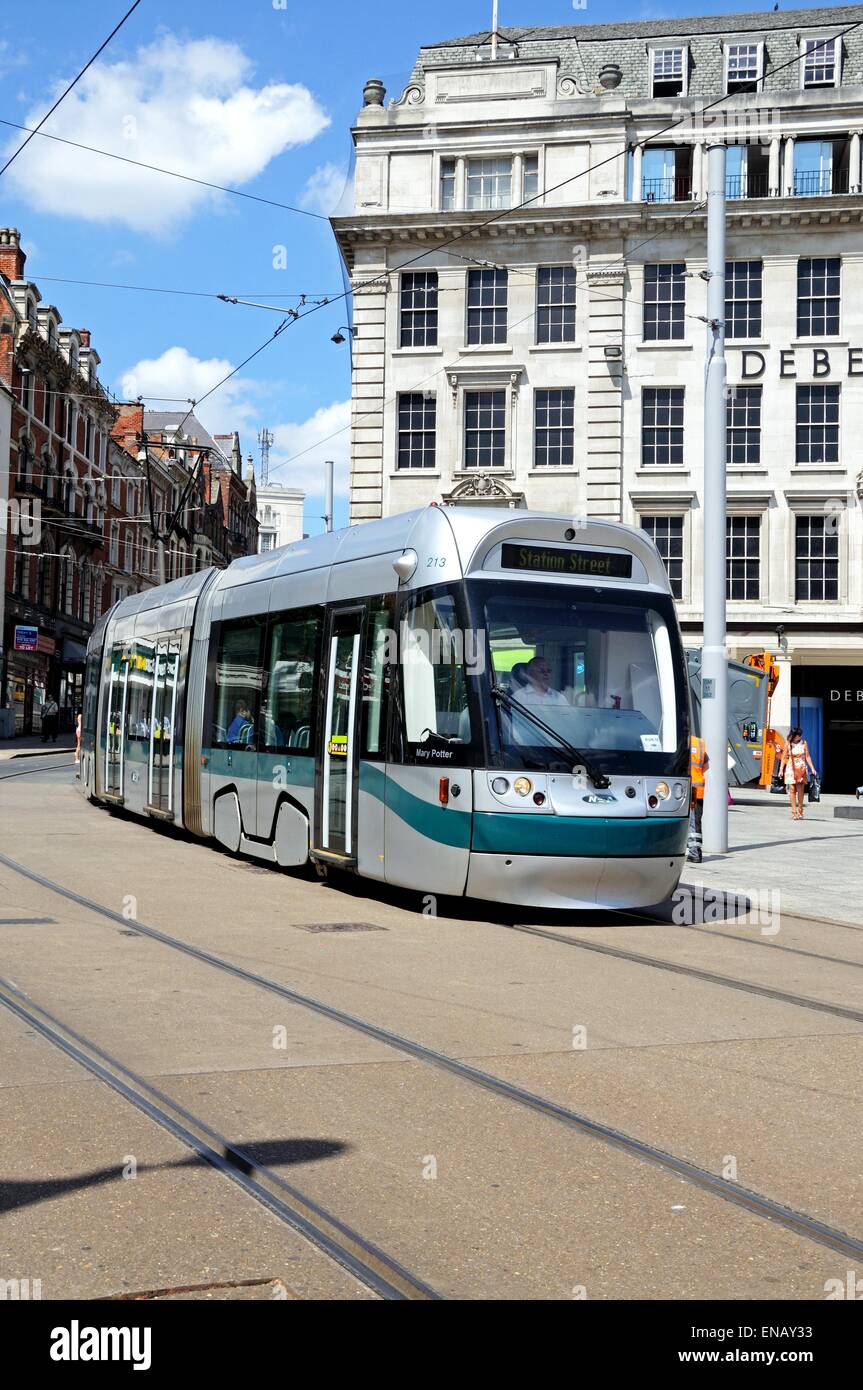 Modern tram approaching the Old Market Square, Nottingham ...