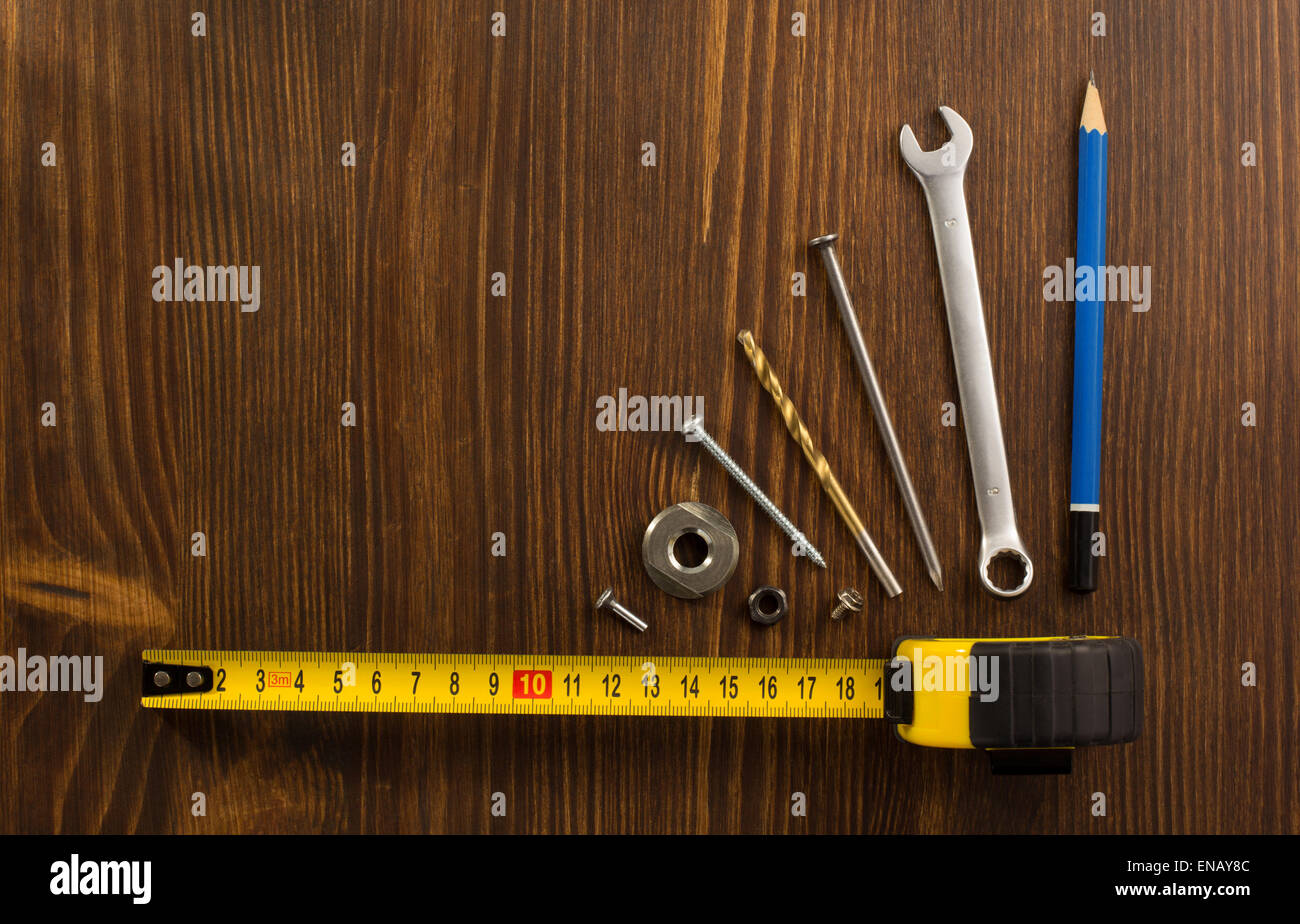 set of tools and instruments on wooden background Stock Photo - Alamy