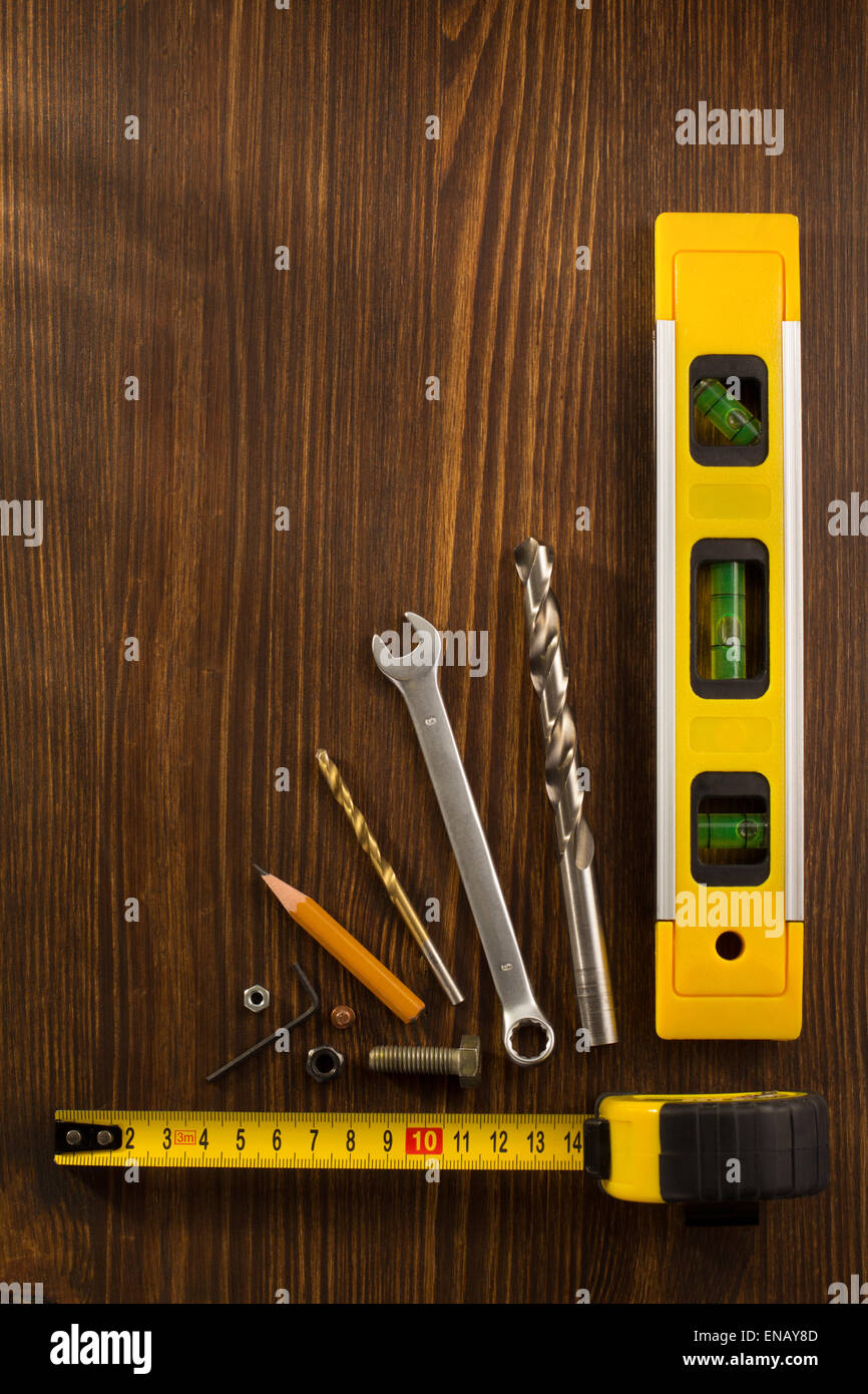 set of tools and instruments on wooden background Stock Photo - Alamy