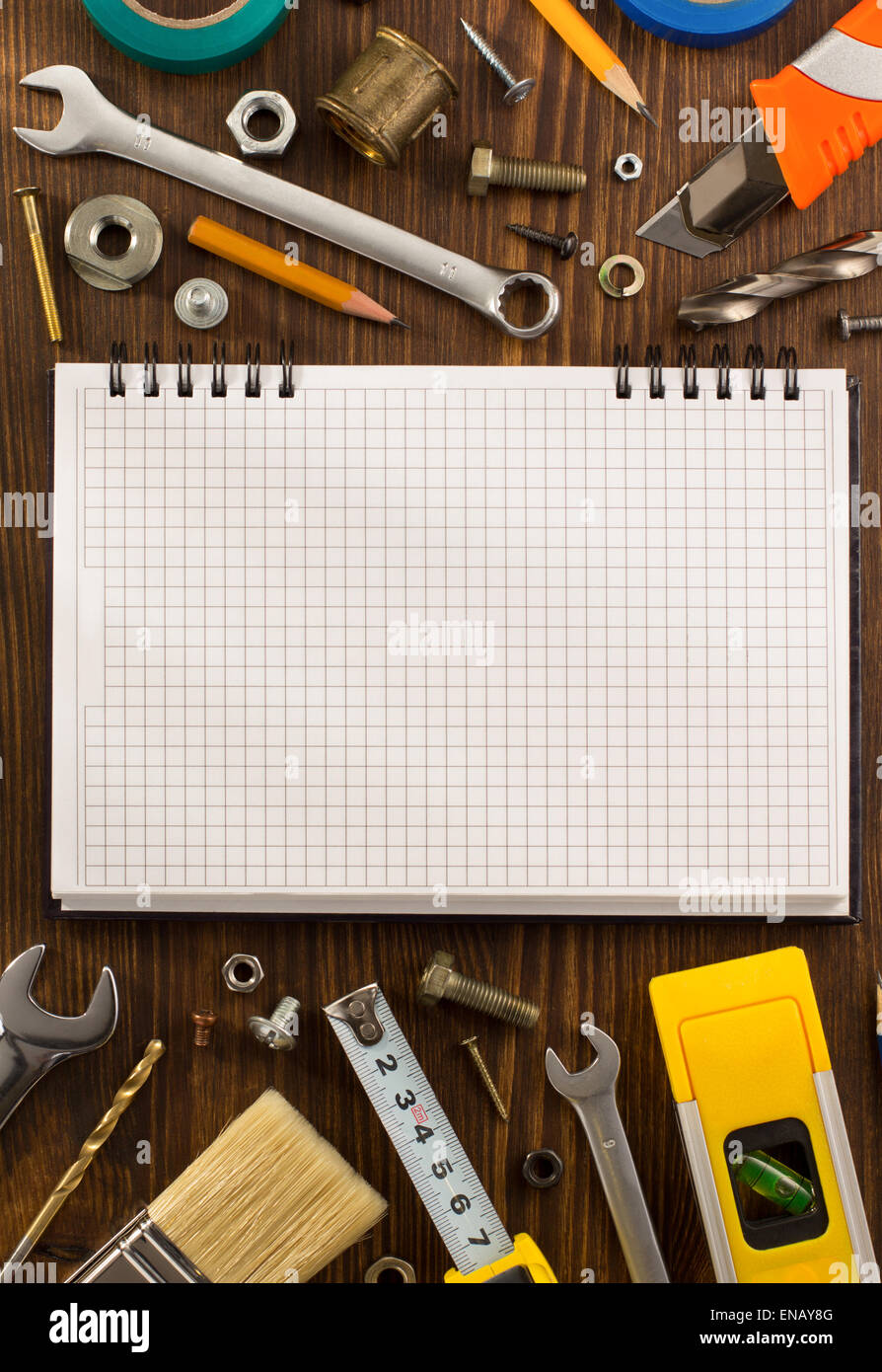 set of tools and instruments on wooden background Stock Photo - Alamy