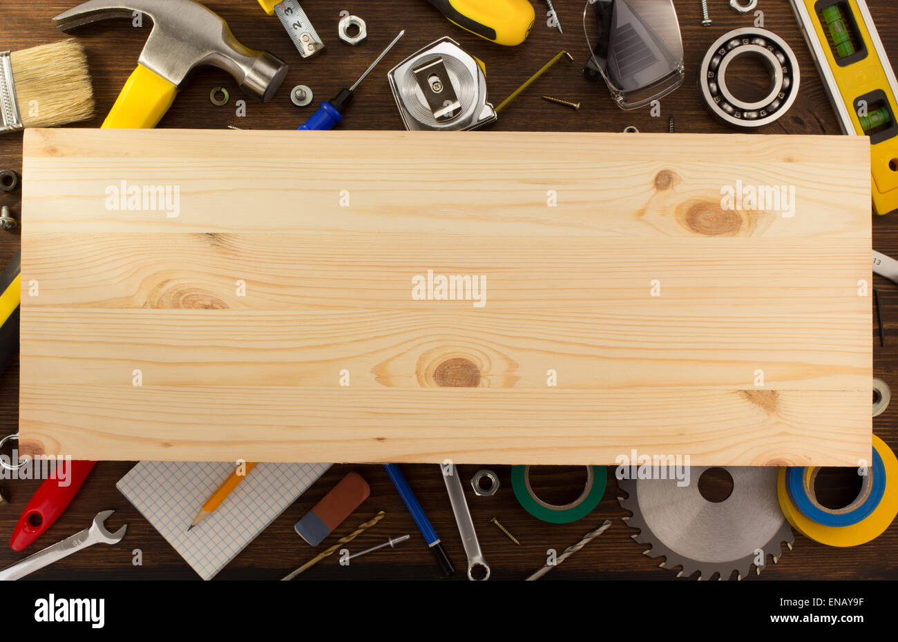 set of tools and instruments on wooden background Stock Photo - Alamy