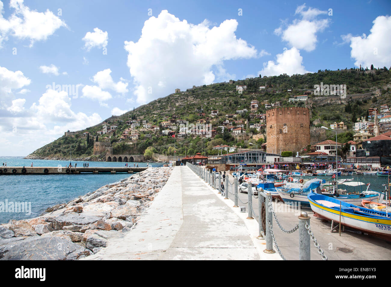 Alanya harbor harbour and marina with the Red Tower Kizil Kule a ...
