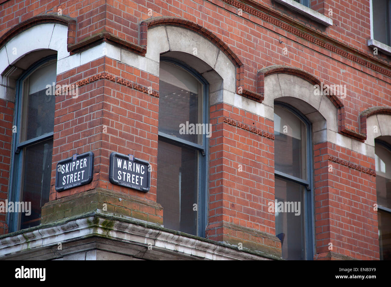 Ireland, North, Belfast, Cathedral Quarter, Signs on building on the ...