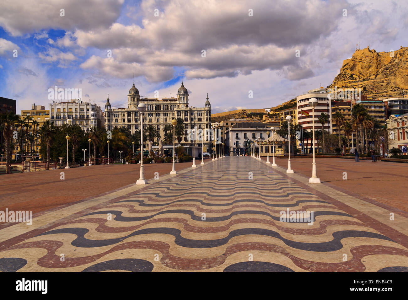 Mosaic tiled walkway along the mariner waterfront in Alicante Spain ...