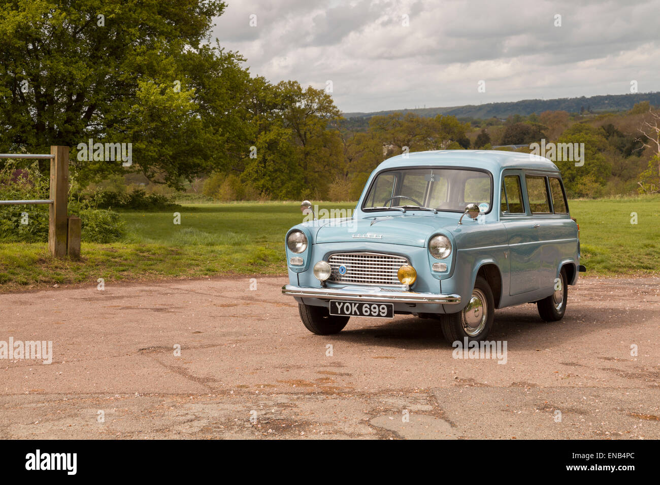 Ford 100E Escort Estate, Baby Blue in parkland with trees and a blue ...