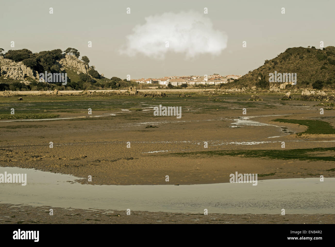 Isla village between the two mountains of the marsh of Noja, Cantabria ...