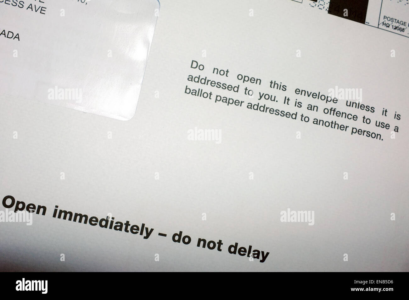 The envelope of a postal voting ballot paper for the 2015 UK General ...