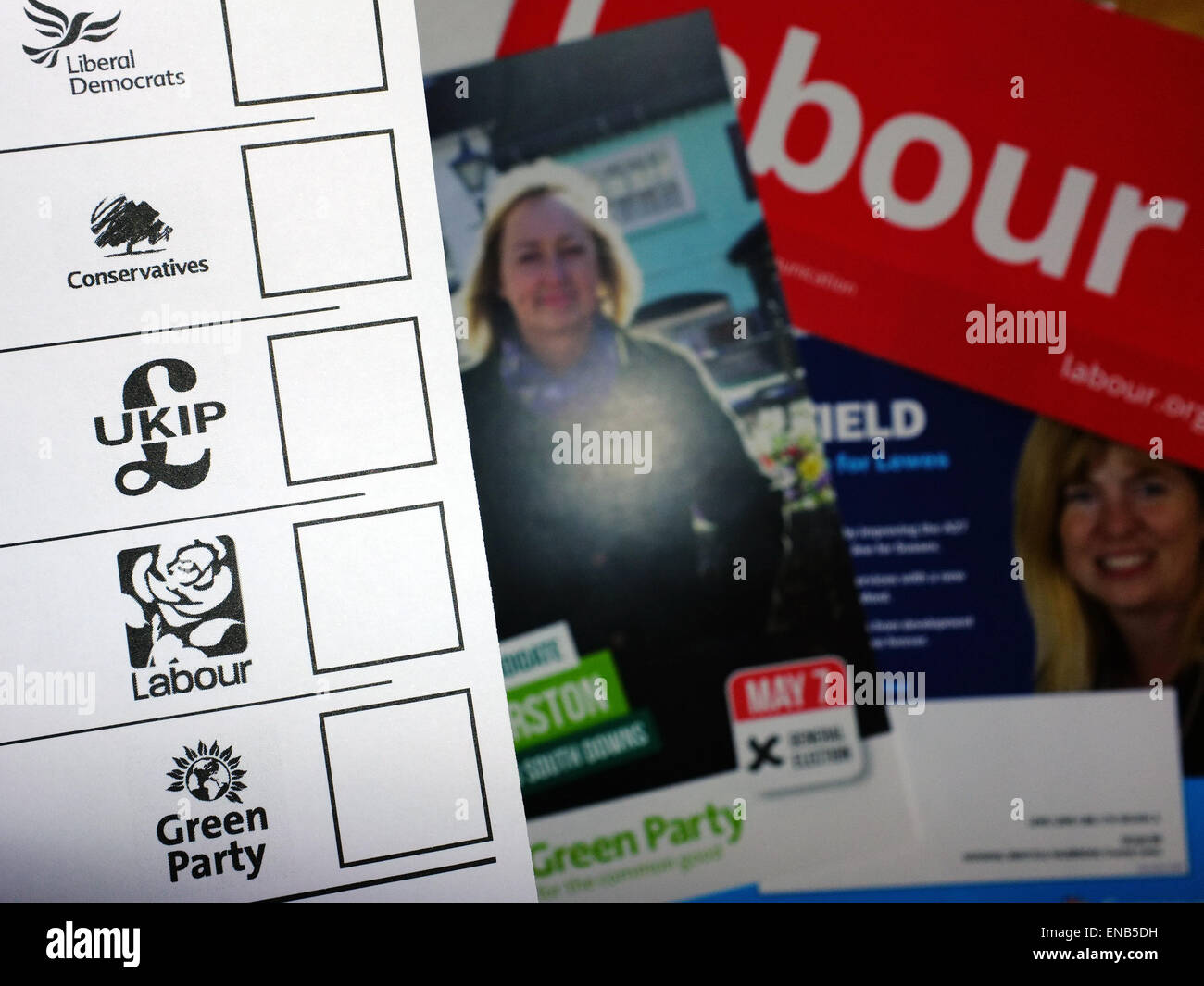A pile of 2015 UK General Election literature and a voting slip Stock ...