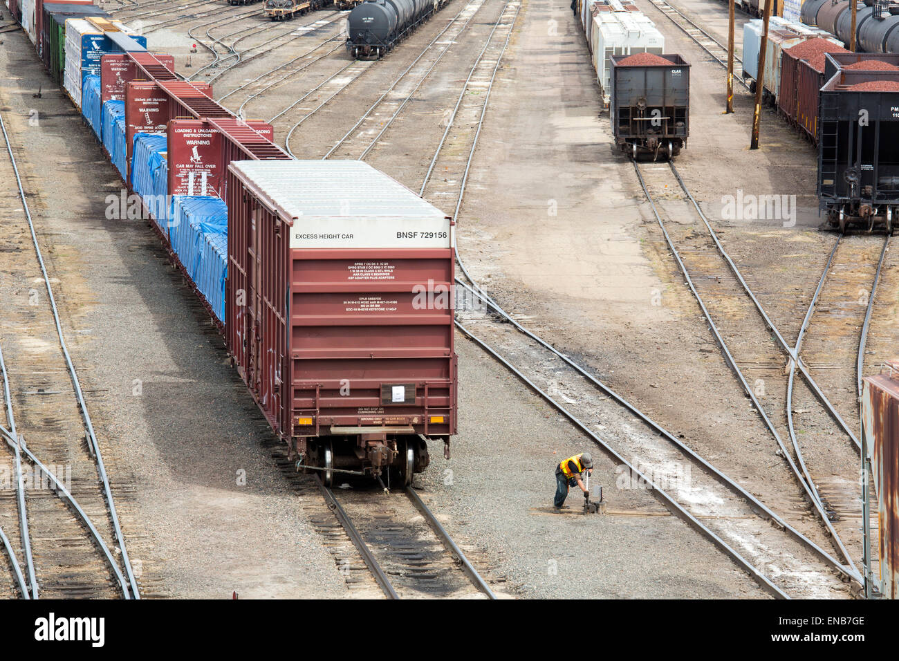 Denver, Colorado - A worker throws a switch in the Union Pacific Denver ...